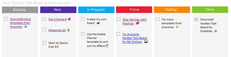 KanBan for OneNote Screenshot - Templates for OneNote by Auscomp.com