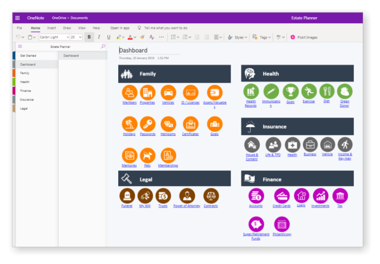 Estate Planner for OneNote - Dashboard - Productivity Solutions by ...