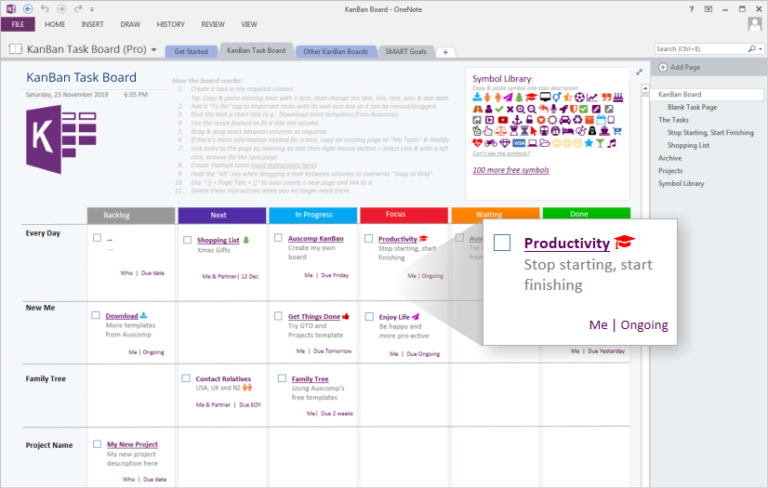 KanBan Task Board for OneNote - Templates for OneNote by Auscomp.com